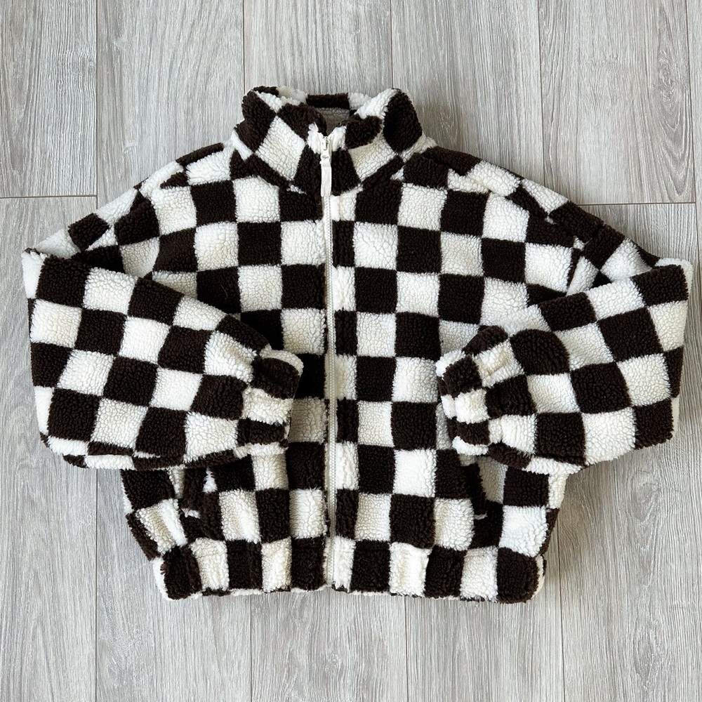 Paper Moon Fleece Checkered Brown & Cream Jacket - Gem